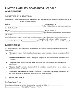 LLC Sale Agreement Template Form - Fill Online, Printable, Fillable ...