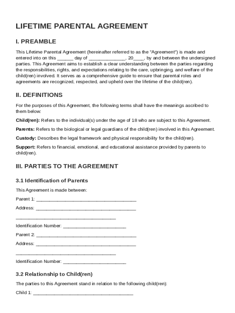 Lifetime Parental Agreement Template Form - Fill Online, Printable ...