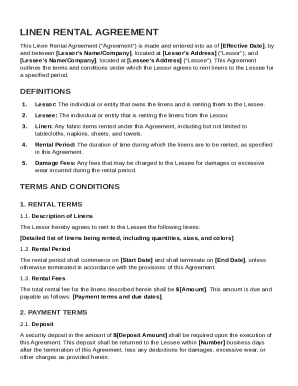 Linen Rental Agreement Template Form - Fill Online, Printable, Fillable ...