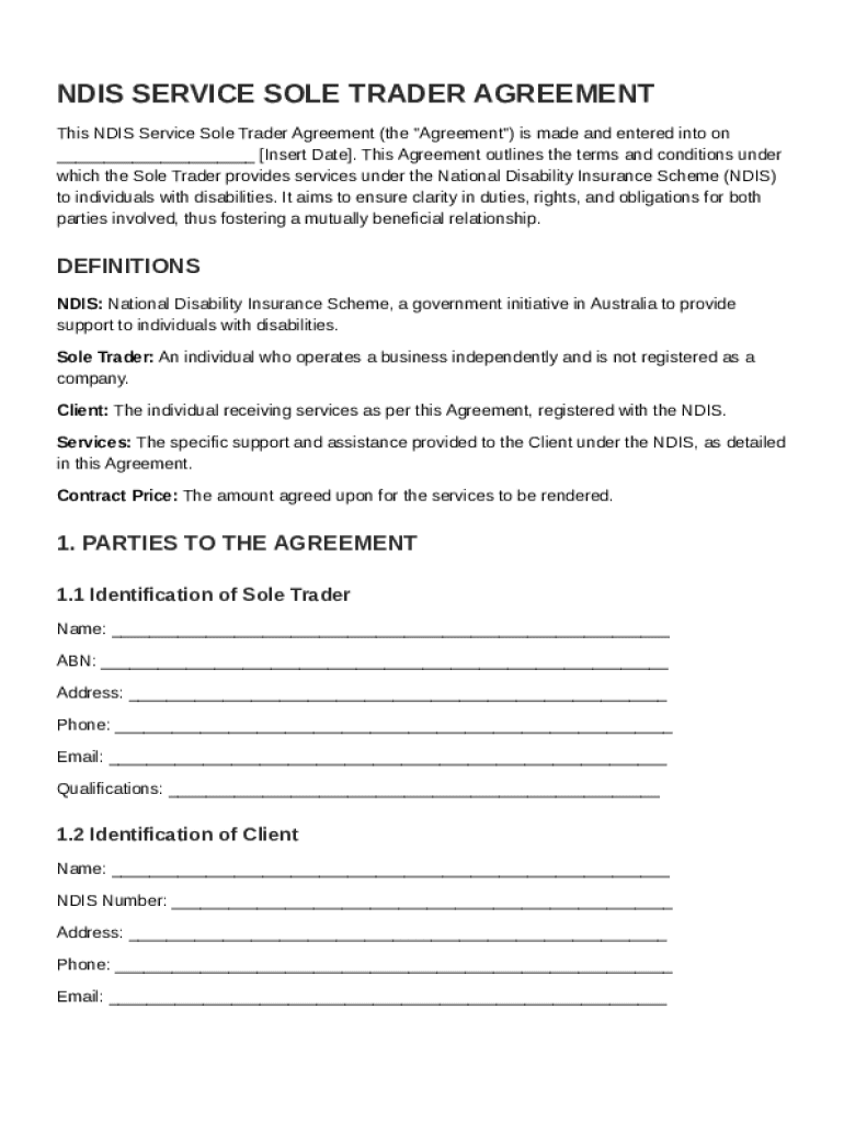 Ndis Service Sole Trader Agreement Template Form - Fill Online ...