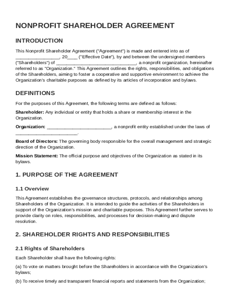Nonprofit Shareholder Agreement Template: Fill out & sign online | DocHub