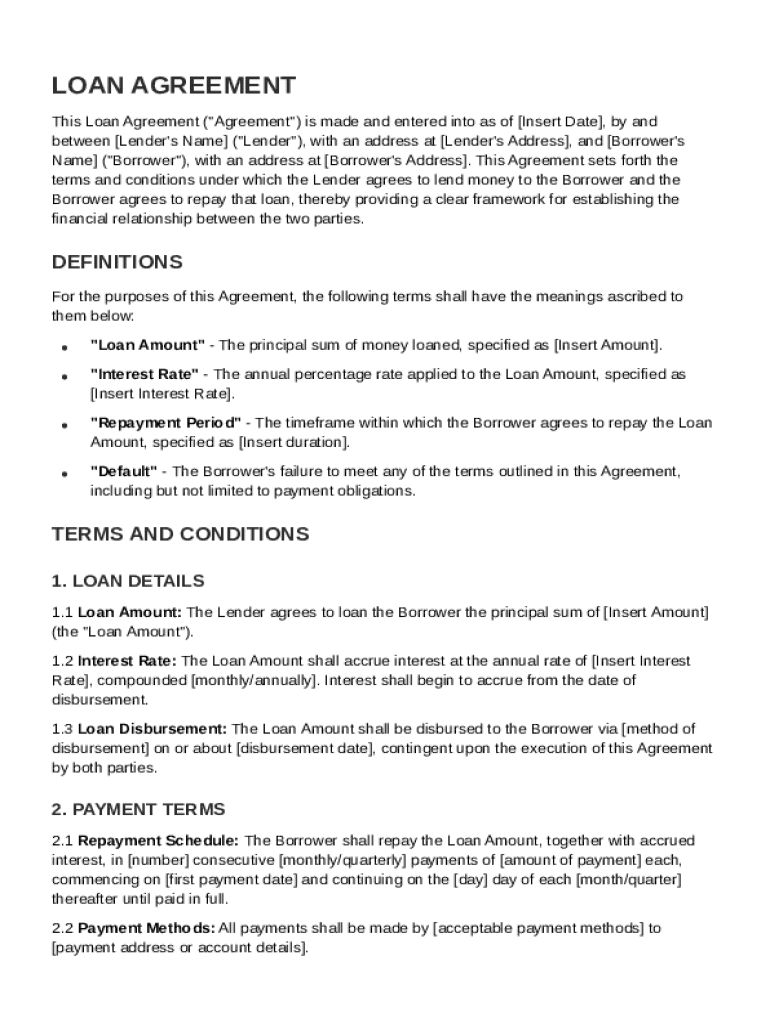 One Page Loan Agreement Template Form - Fill Online, Printable, Fillable, Blank - pdfFiller