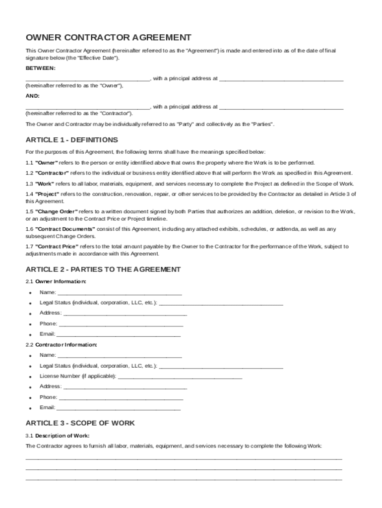 Owner Contractor Agreement Template: Fill out & sign online | DocHub