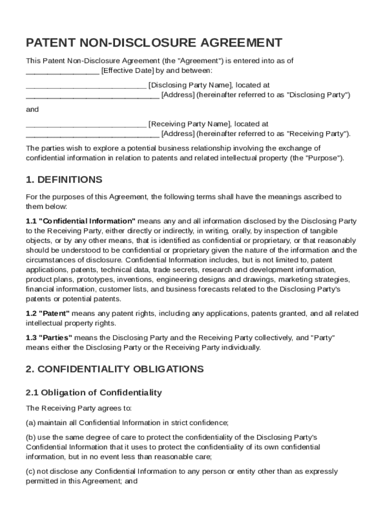 Patent Non Disclosure Agreement Template Form - Fill Online, Printable ...