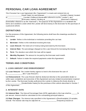 Personal Car Loan Agreement Template - Fill and Sign Printable Template ...