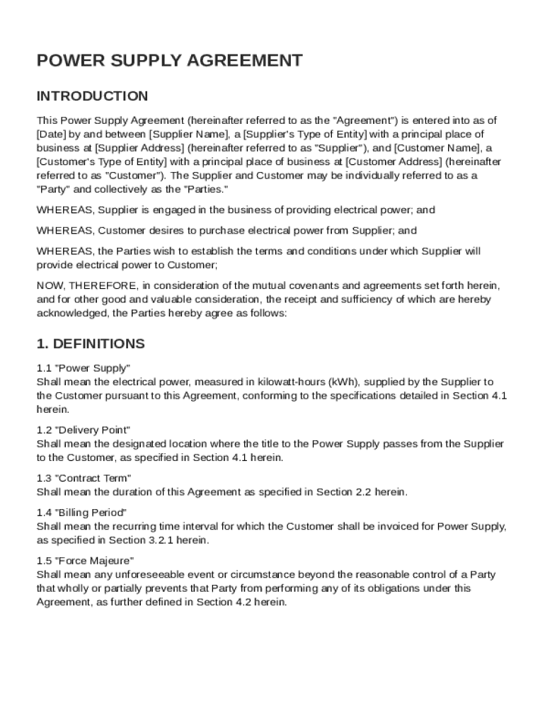 Power Supply Agreement Template Form - Fill Online, Printable, Fillable ...