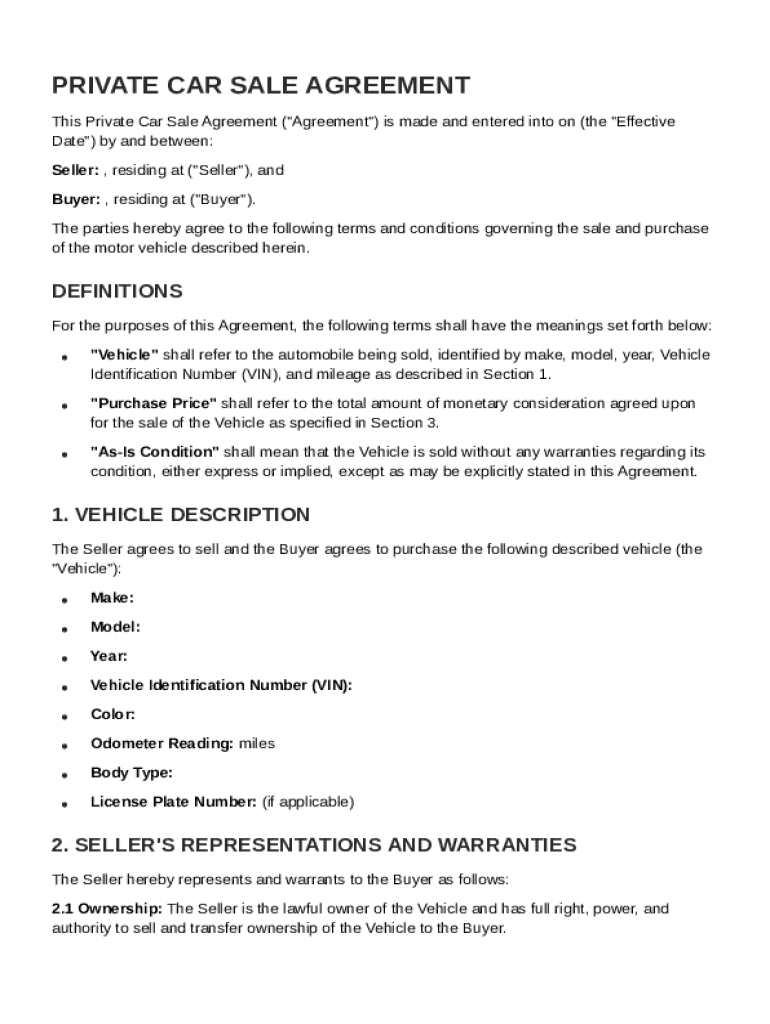 Private Car Sale Agreement Template Form - Fill Online, Printable ...