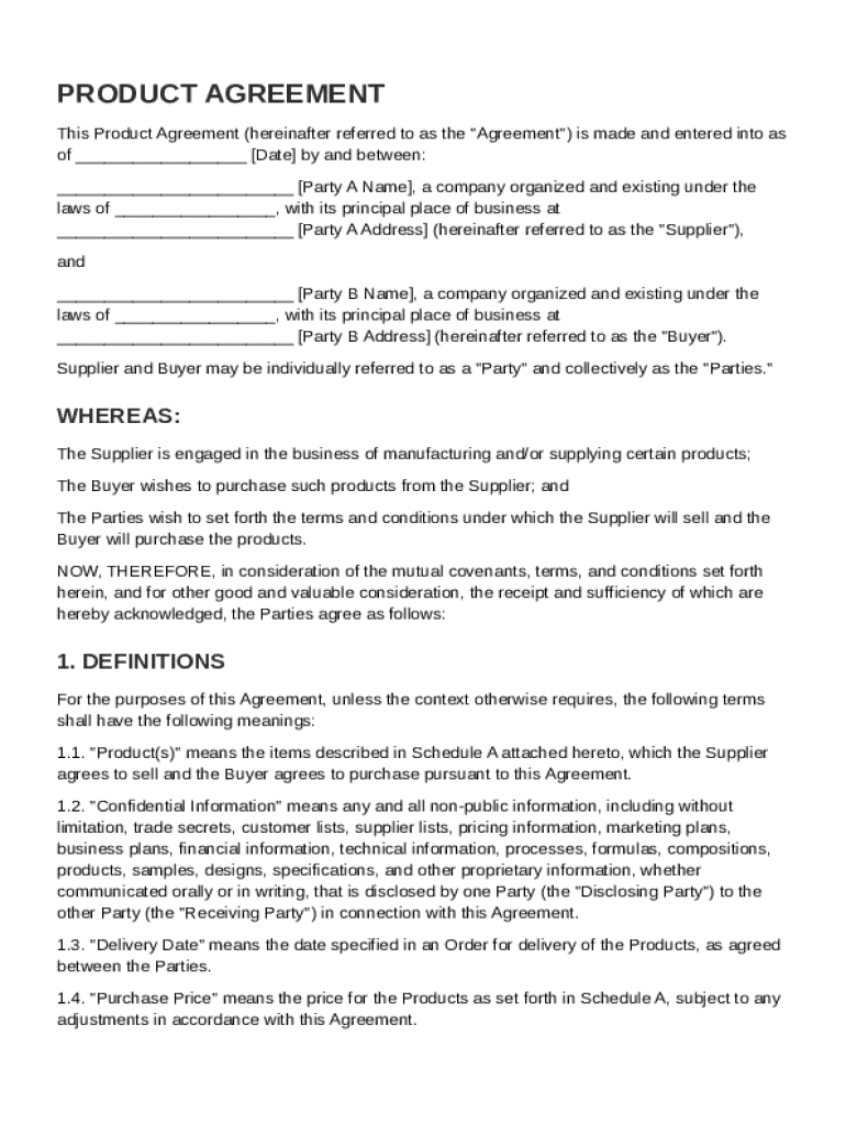 Product Agreement Template Form - Fill Online, Printable, Fillable ...