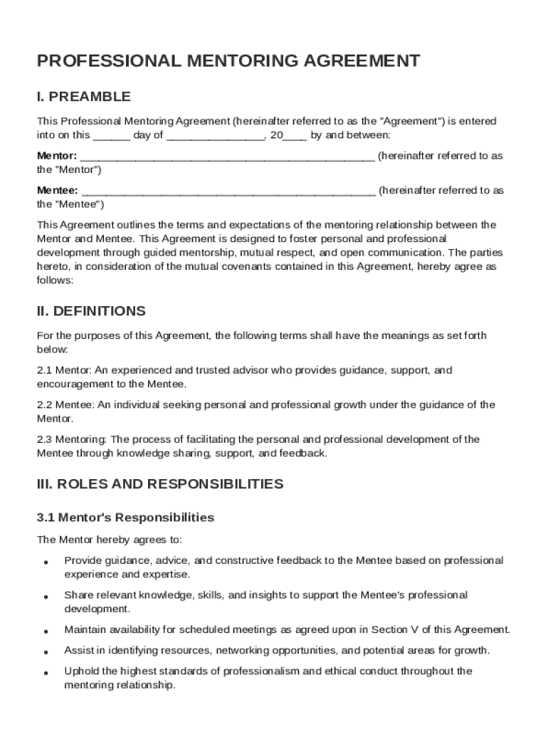 Professional Mentoring Agreement Template Form - Fill Online, Printable ...