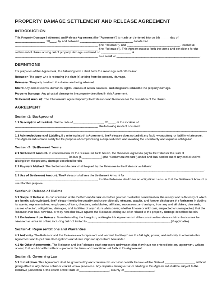 Property Damage Settlement and Release Agreement Template: Fill out ...