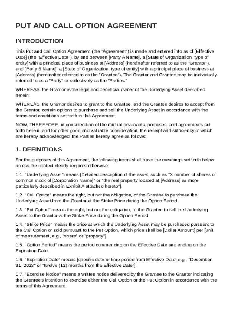 Put and Call Option Agreement Template: Fill out & sign online | DocHub