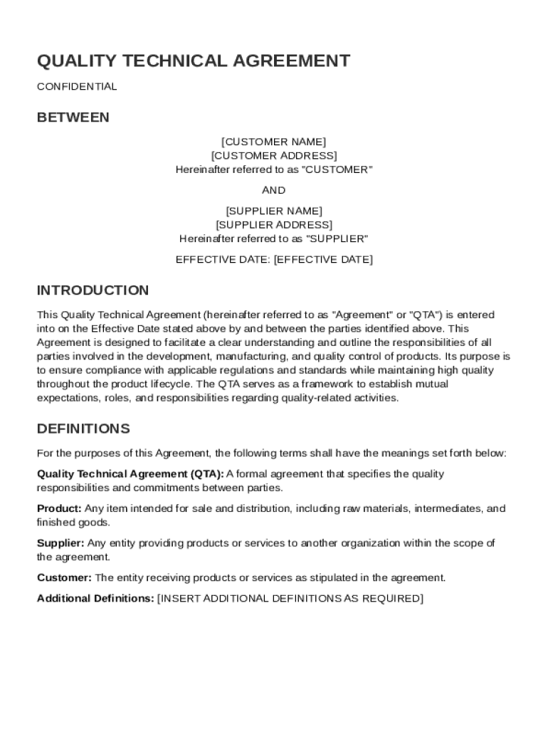 Quality Technical Agreement Template Form - Fill Online, Printable, Fillable, Blank - pdfFiller