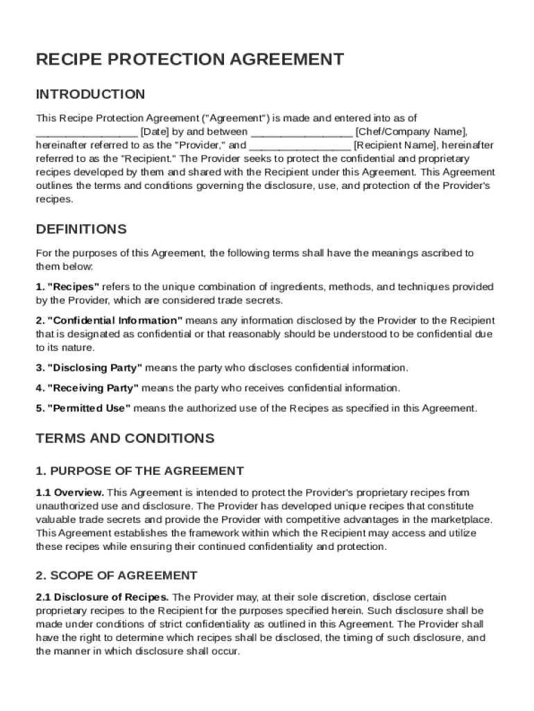 Recipe Protection Agreement Template: Fill out & sign online | DocHub