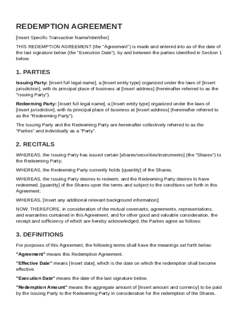 Fillable Online Redemption Agreement Template Fax Email Print - pdfFiller