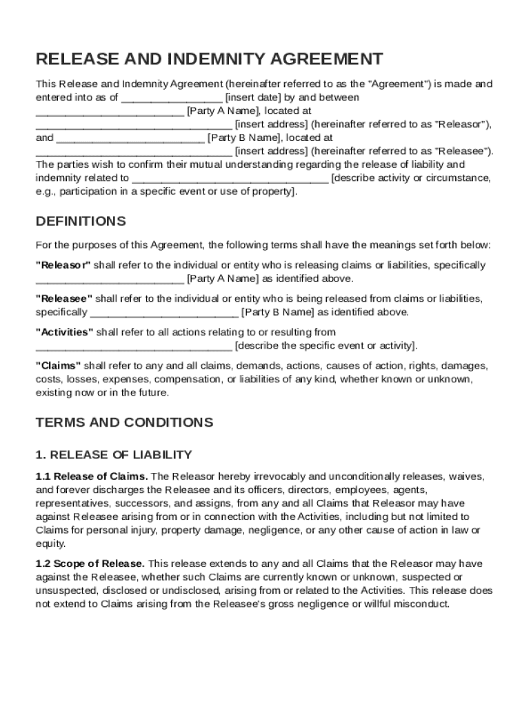 Release and Indemnity Agreement Template: Fill out & sign online | DocHub