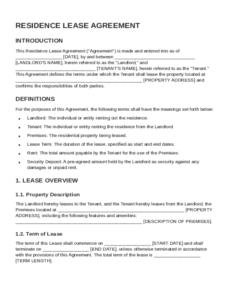 Residence Lease Agreement Template Form - Fill Online, Printable, Fillable, Blank - pdfFiller