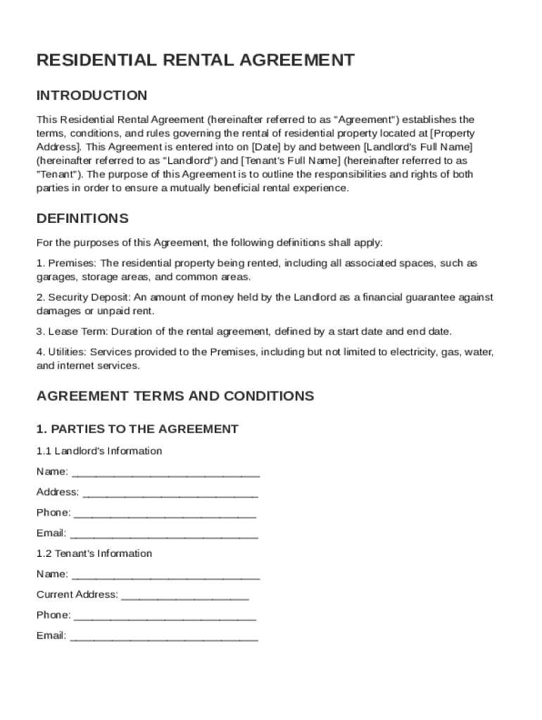 Residential Rental Agreement Template Form - Fill Online, Printable, Fillable, Blank - pdfFiller