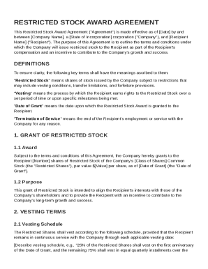 Restricted Stock Award Agreement Template - Fill and Sign Printable ...