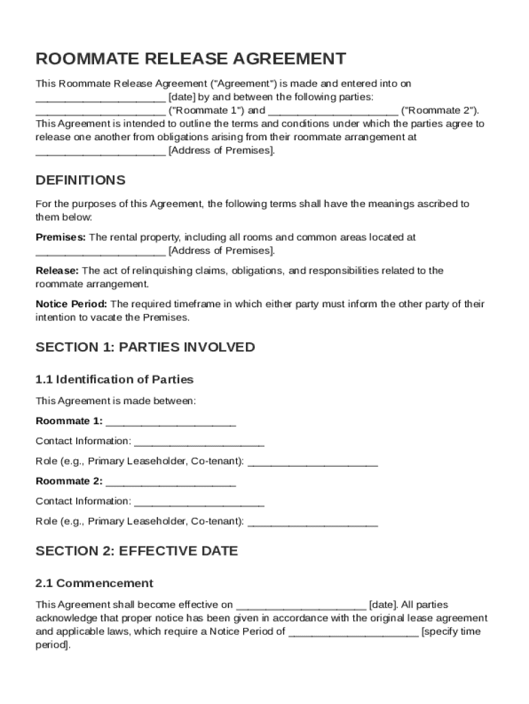 Fillable Online Roommate Release Agreement Template Fax Email Print ...