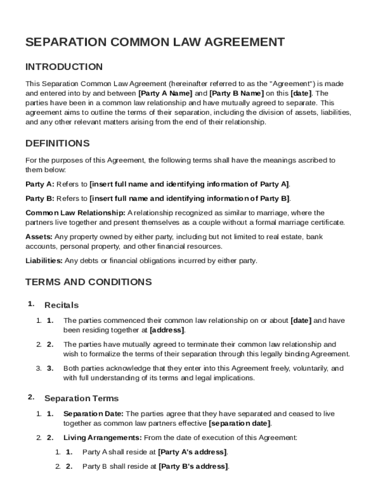 Separation Common Law Agreement Template Form - Fill Online, Printable ...