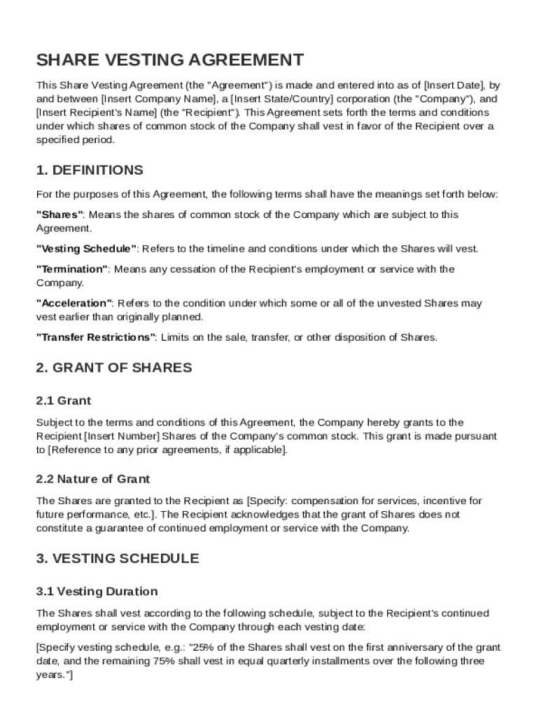 Share Vesting Agreement Template: Fill out & sign online | DocHub