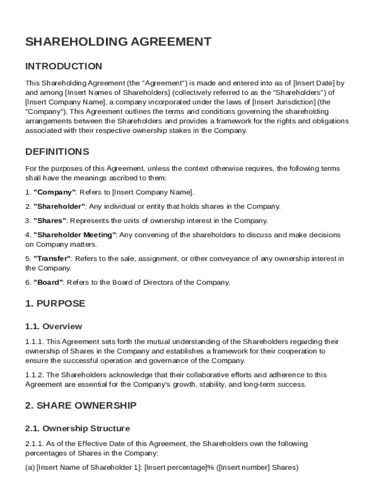 Shareholding Agreement Template: Fill out & sign online | DocHub