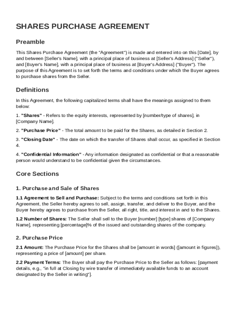 Shares Purchase Agreement Template: Fill out & sign online | DocHub