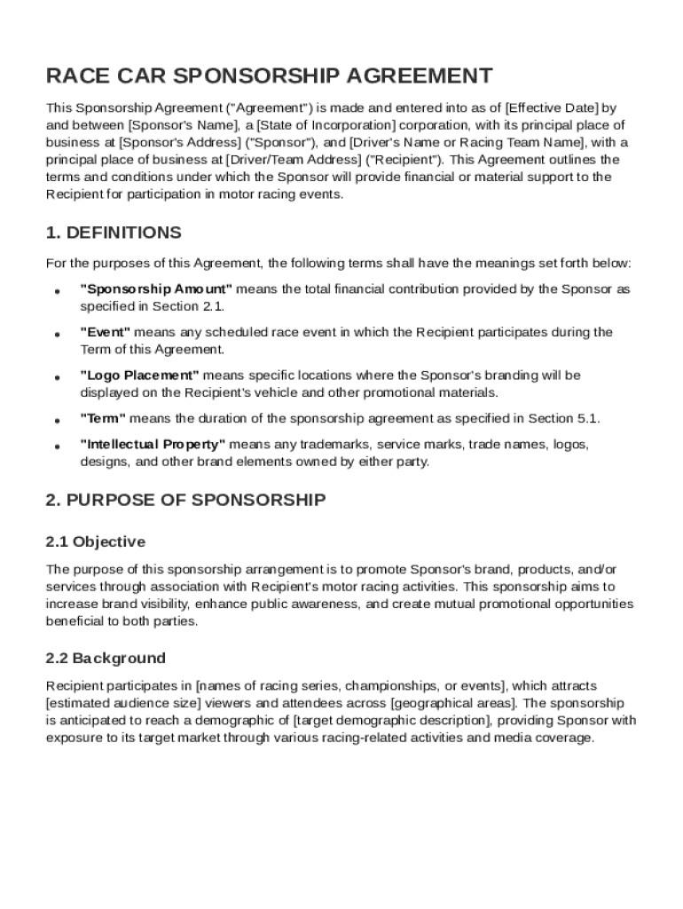 Sponsorship Race Car Sponsorship Agreement Template: Fill out & sign ...