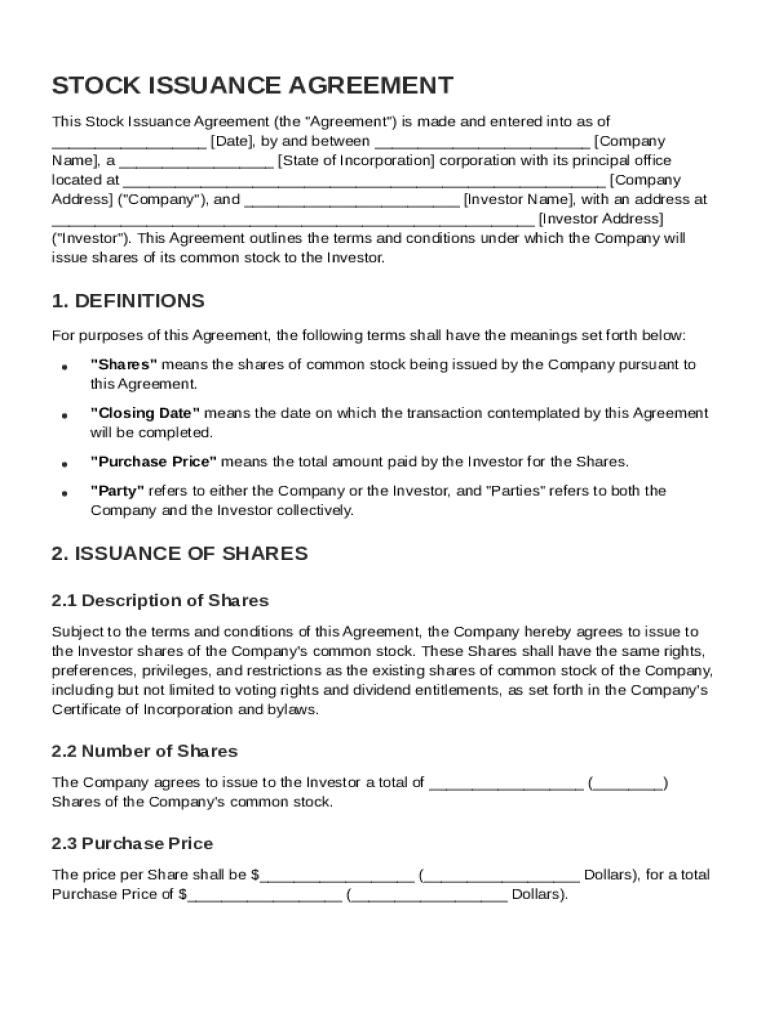Stock Issuance Agreement Template: Fill out & sign online | DocHub