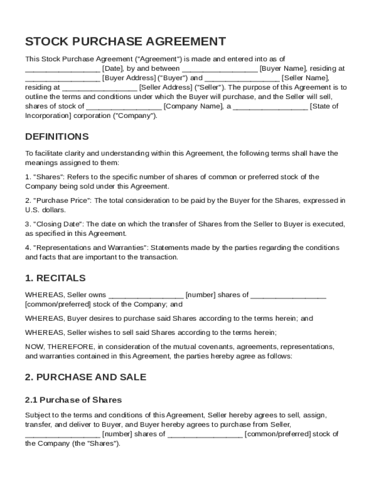 Stock Purchase Agreement Template: Fill out & sign online | DocHub