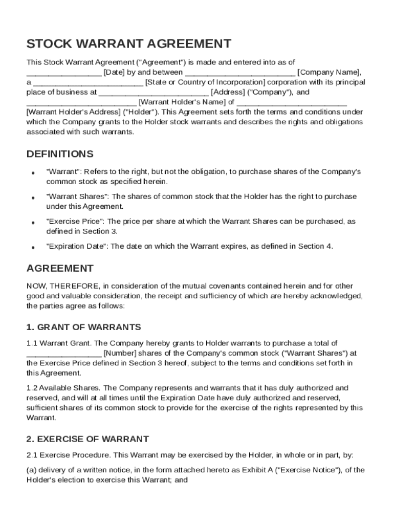 Stock Warrant Agreement Template: Fill out & sign online | DocHub