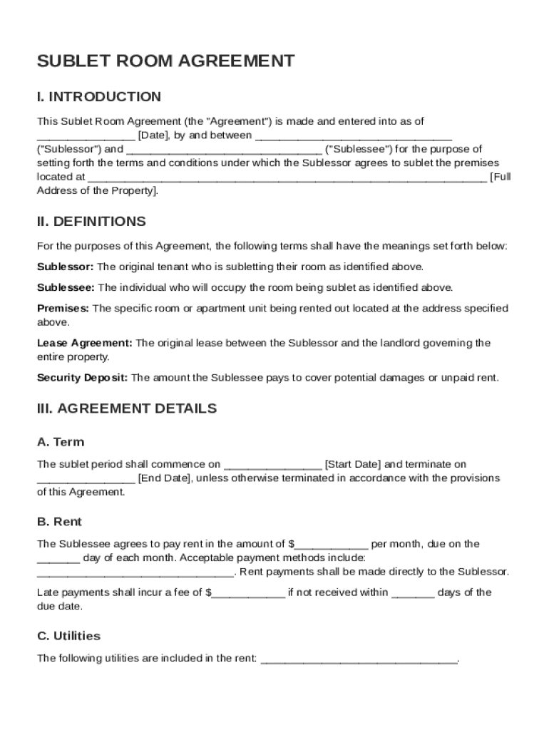 Sublet Room Agreement Template Form - Fill Online, Printable, Fillable, Blank - pdfFiller