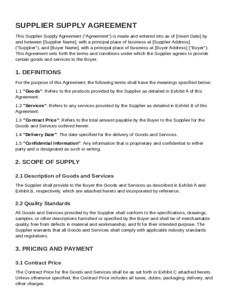 Supplier Supply Agreement Template: Fill out & sign online | DocHub