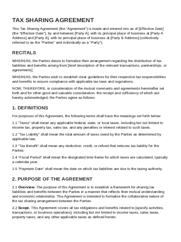 Tax Sharing Agreement Template Form - Fill Online, Printable, Fillable ...