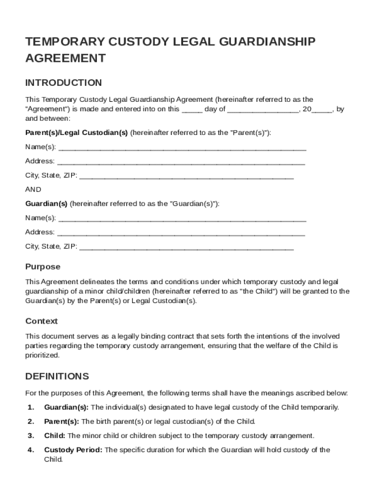 Temporary Custody Legal Guardianship S Agreement Template: Fill out ...