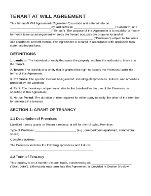 Tenant At Will Agreement Template Form - Fill Online, Printable ...
