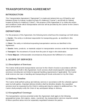 Transportation Agreement Template Form - Fill Online, Printable ...