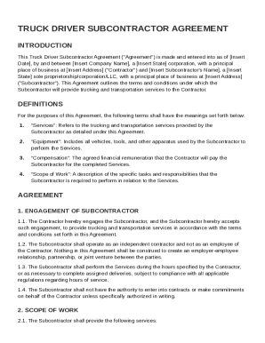 Truck Driver Subcontractor Agreement Template Form - Fill Online ...