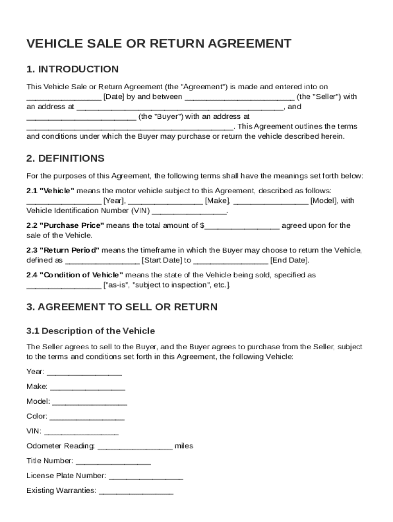 Vehicle Sale Or Return Agreement Template: Fill out & sign online | DocHub