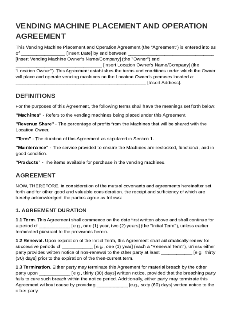 Vending Machine Agreement Template Form - Fill Online, Printable, Fillable, Blank - pdfFiller