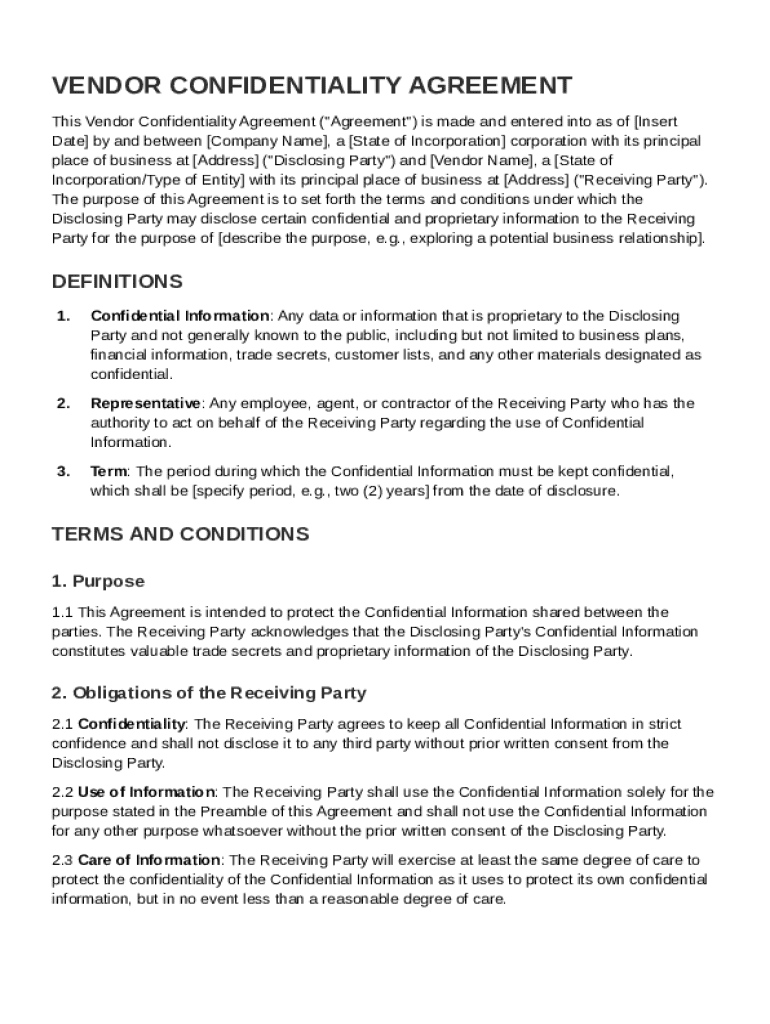 Vendor Confidentiality Agreement Template: Fill out & sign online | DocHub