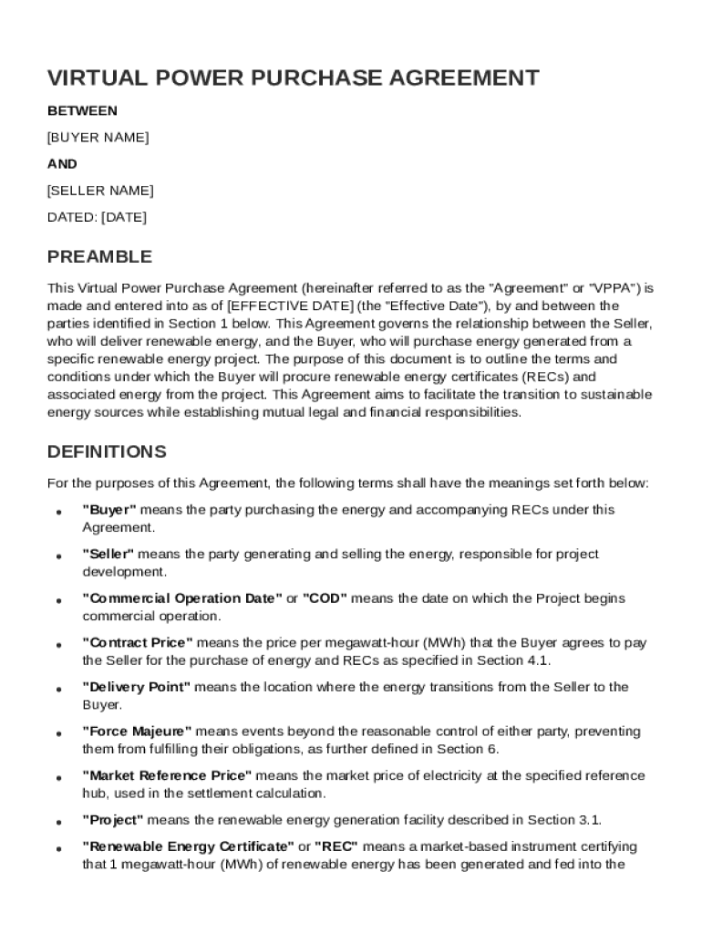 Virtual Power Purchase Agreement Template Form - Fill Online, Printable ...