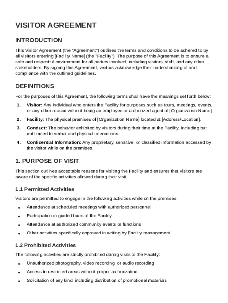 Visitor Agreement Template Form - Fill Online, Printable, Fillable, Blank - pdfFiller