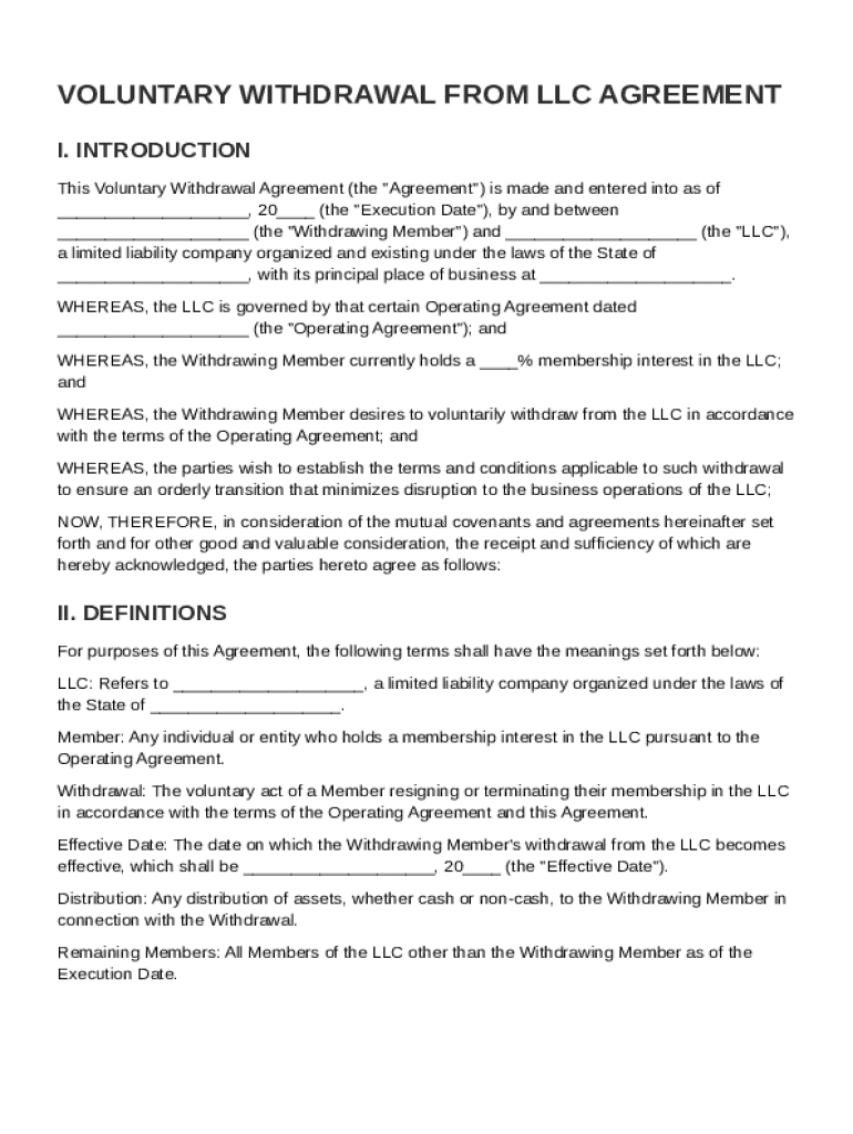 Voluntary Withdrawal From LLC Agreement Template: Fill out & sign ...