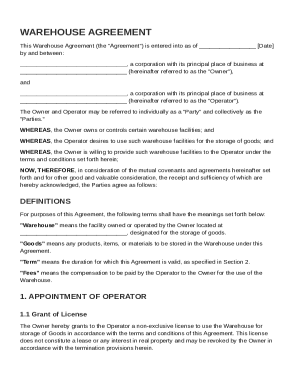 Warehouse Agreement Template Form - Fill Online, Printable, Fillable, Blank - pdfFiller