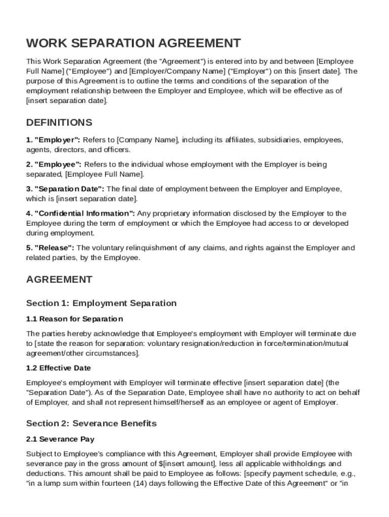 Work Separation Agreement Template Form - Fill Online, Printable ...