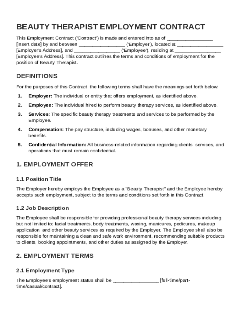 Beauty Therapist Of Employment Contract Template: Fill out & sign ...