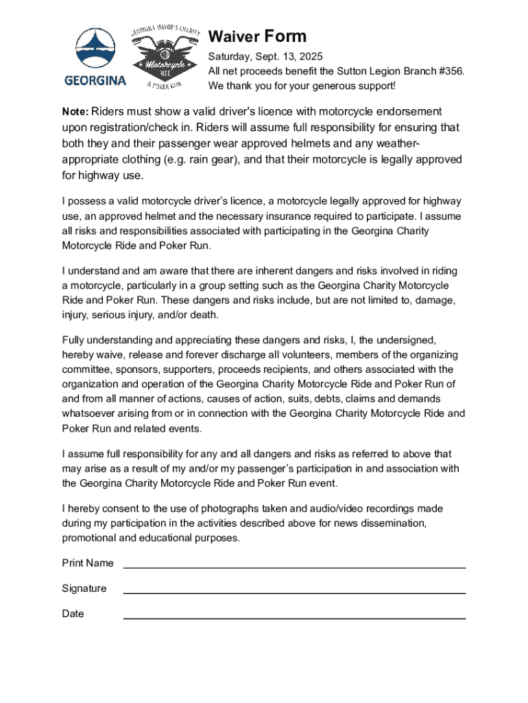 Fillable Online Georgina Charity Motorcycle Ride and Poker Run Waiver ...