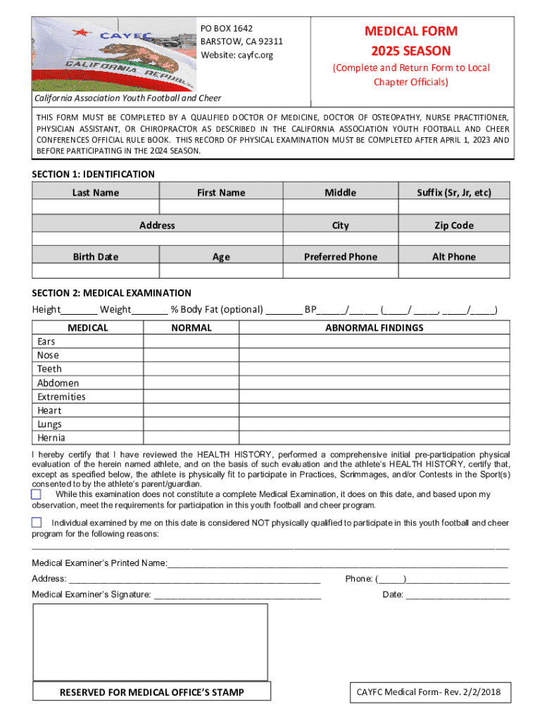 Fillable Online Medical Form 2025 Season Fax Email Print - pdfFiller