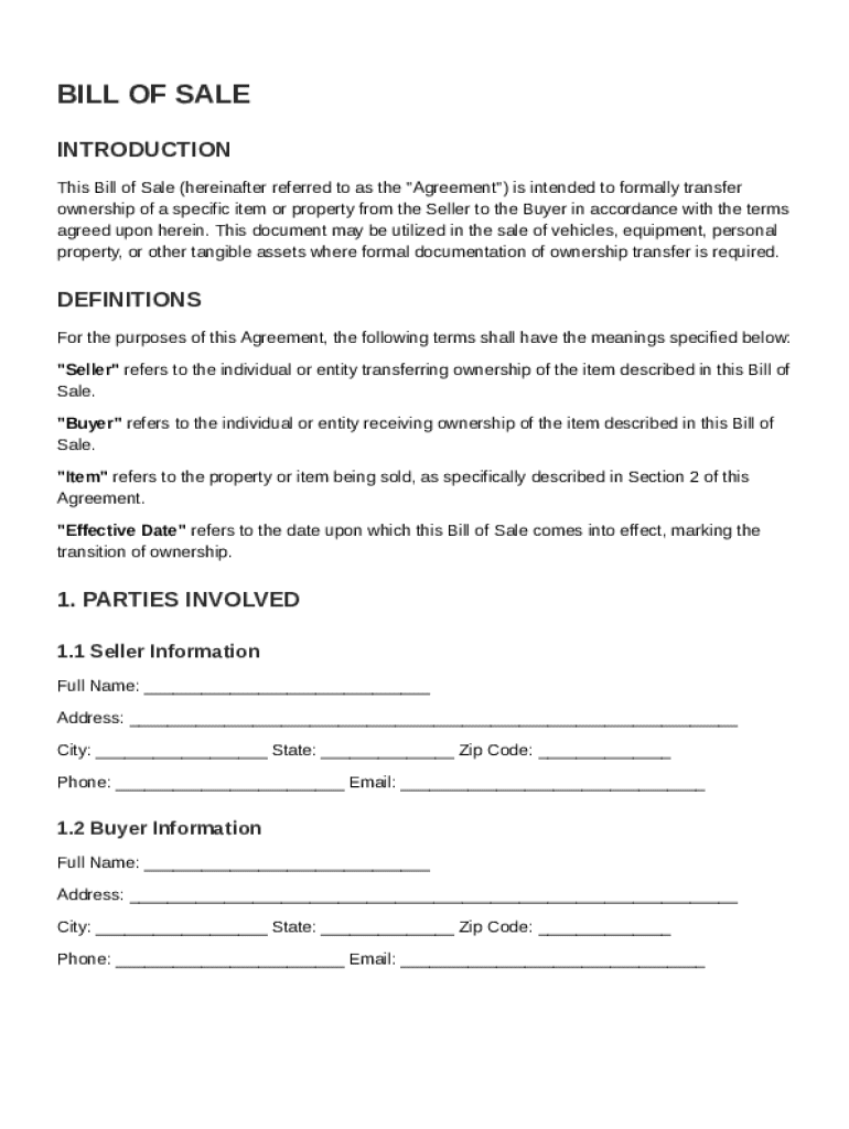 Bill Of Sale Contract Template Form - Fill Online, Printable, Fillable ...